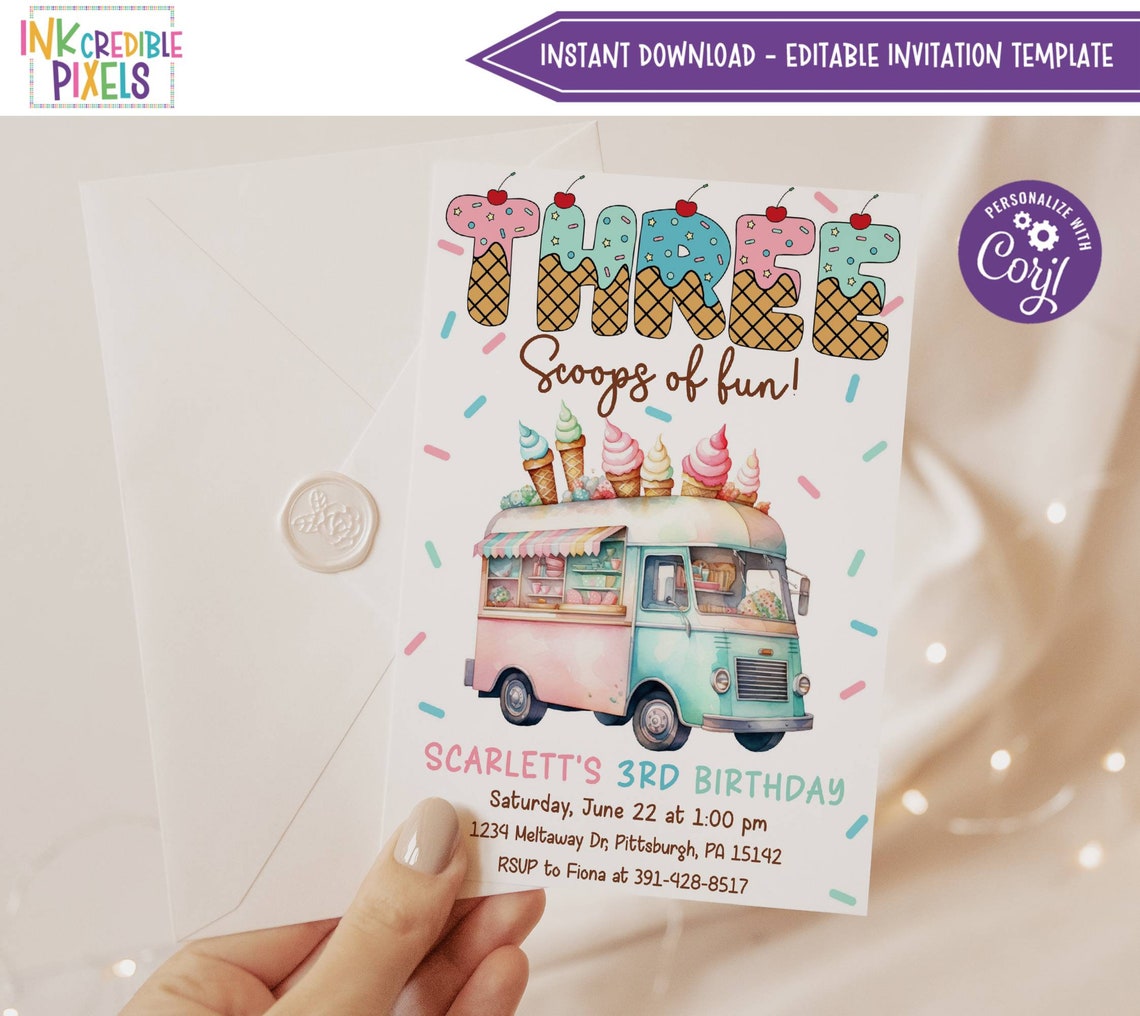 Printable Ice Cream THREE Scoops of Fun Birthday Party Invitation ...