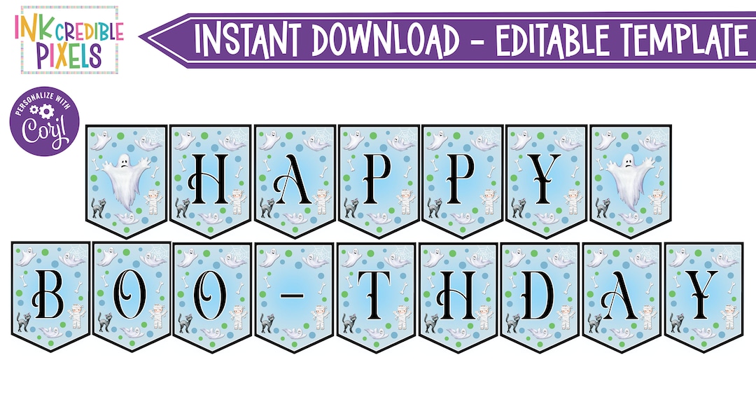 Editable Halloween Spooky One Banner, Happy Birthday Bunting, Blue ...