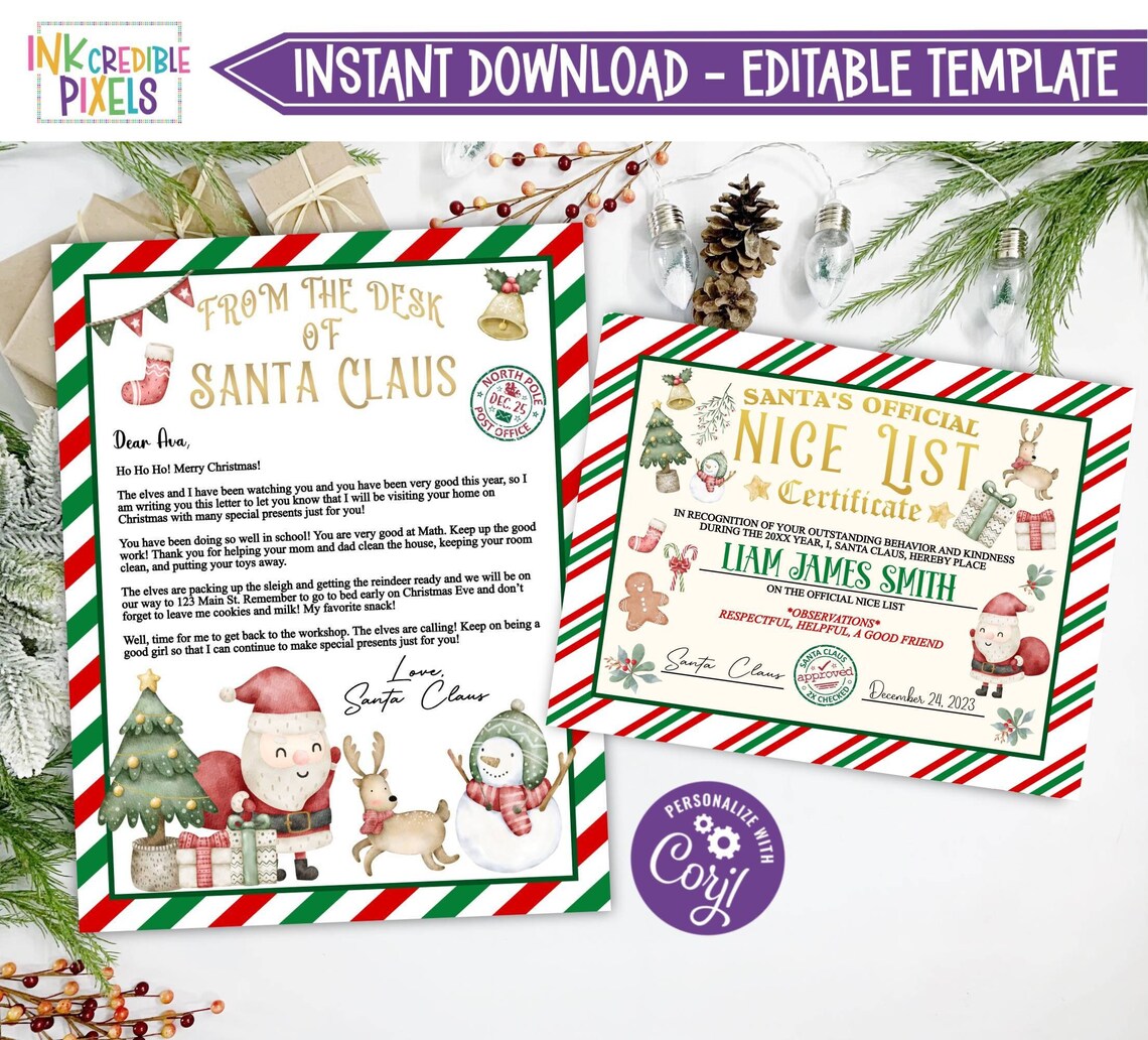 Editable Bundle Letter From Santa and Nice List Certificate, Printable ...