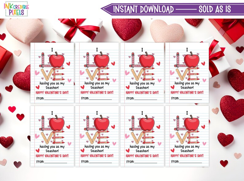 Printable I Love Having You as My Teacher Valentine's Day Card ...