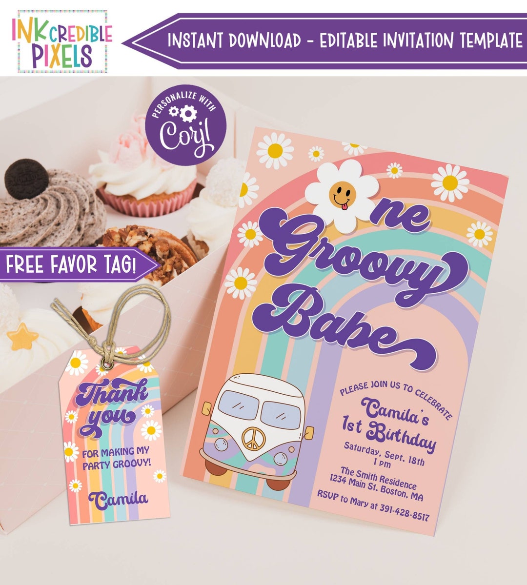 Printable ONE Groovy Babe 1st Birthday Party Invitation, Editable Retro ...
