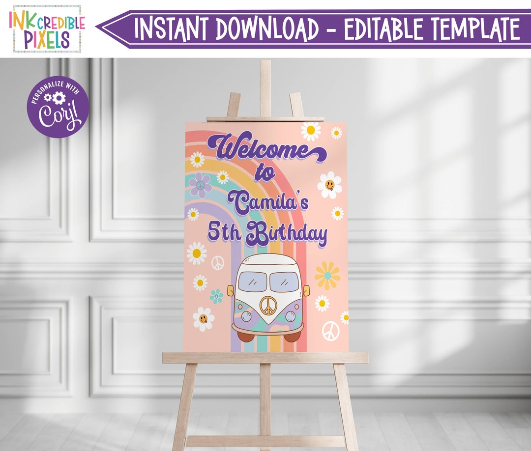Printable Groovy Hippie Party Birthday Welcome Sign, 70s Retro Van ...
