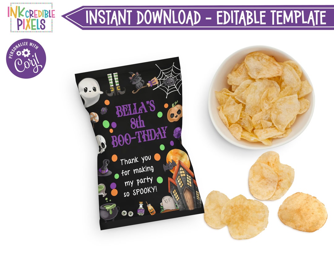 Editable Halloween Chip Bag Wrapper, Halloween Birthday Chip Bag ...