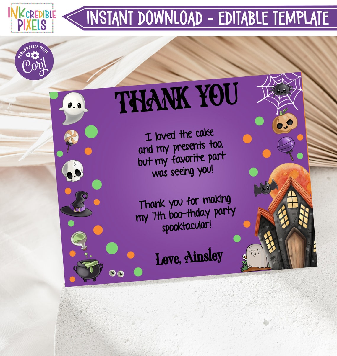 Editable Halloween Party Thank You Card, Halloween Birthday Thank You ...