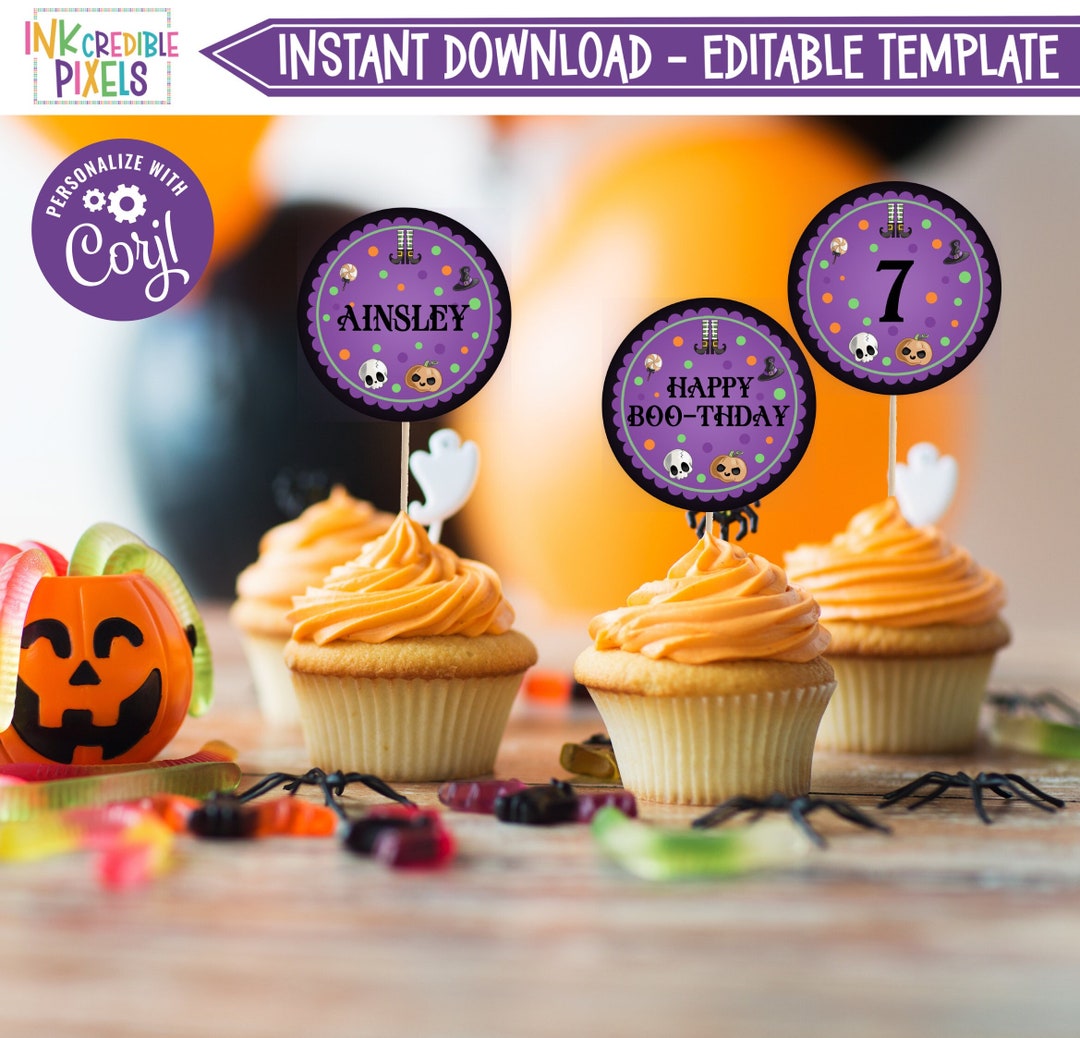 Editable Halloween Party Cupcake Toppers, Halloween Birthday Cupcake ...
