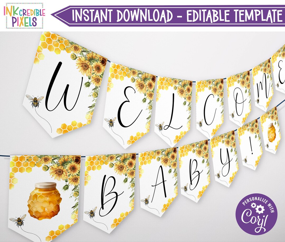 Editable Bee Happy Birthday Banner, Bee Baby Shower Bunting, Bee ...