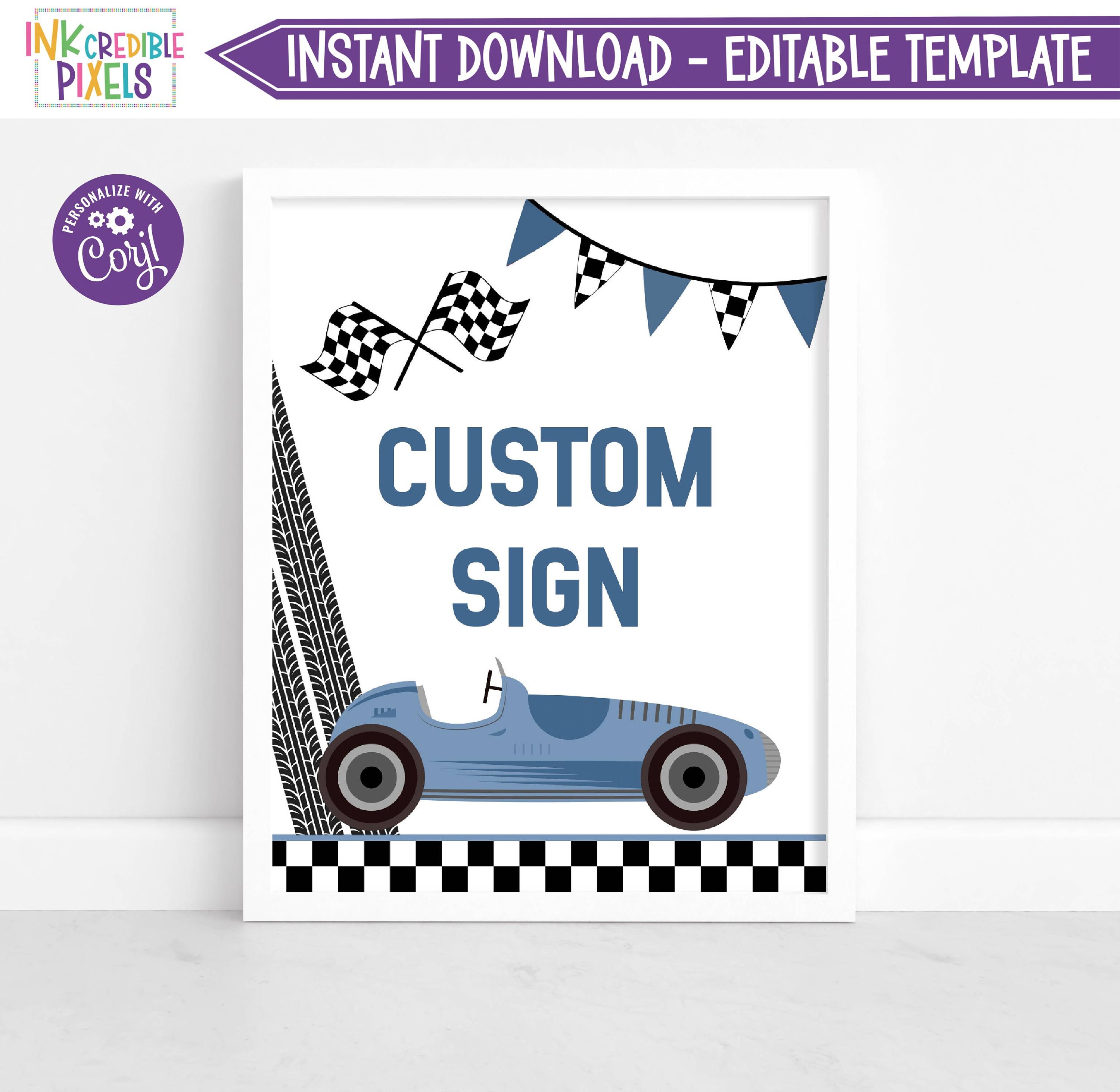 Race Car Birthday Custom Party Sign, Racing Car Printable Birthday ...