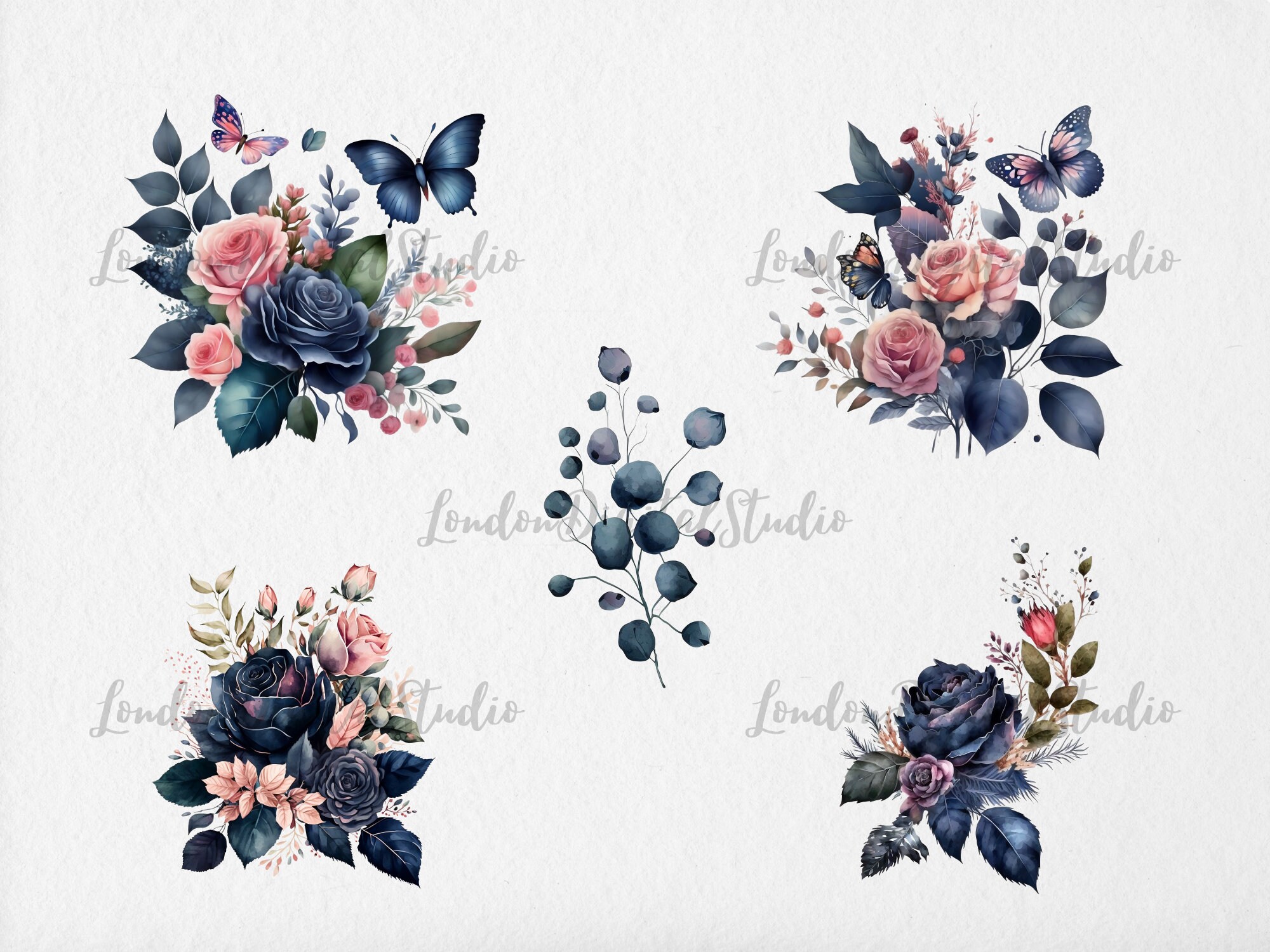 Watercolor Navy Blue & Pink Roses Clipart Floral Clipart Bouquets Rose ...