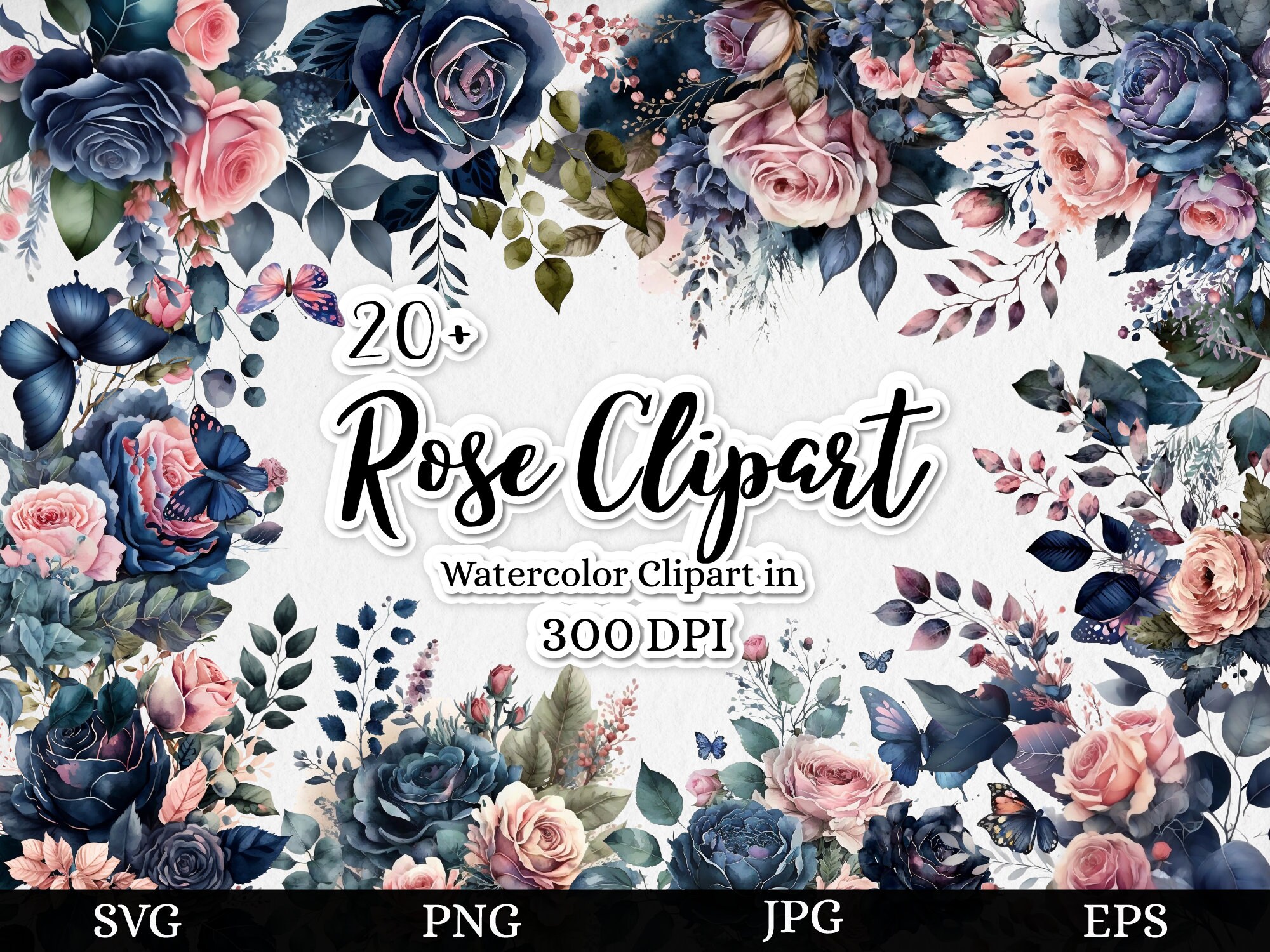 Watercolor Navy Blue & Pink Roses Clipart Floral Clipart Bouquets Rose ...