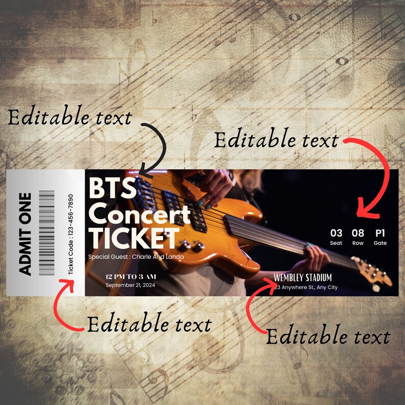 Editable Concert Ticket Template, Custom Concert Ticket Gift, Printable Custom Concert Ticket ...
