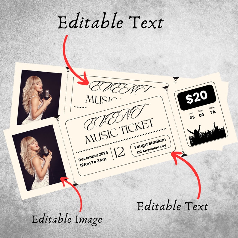 Editable Concert Ticket, Editable Concert Ticket Canva Template ...