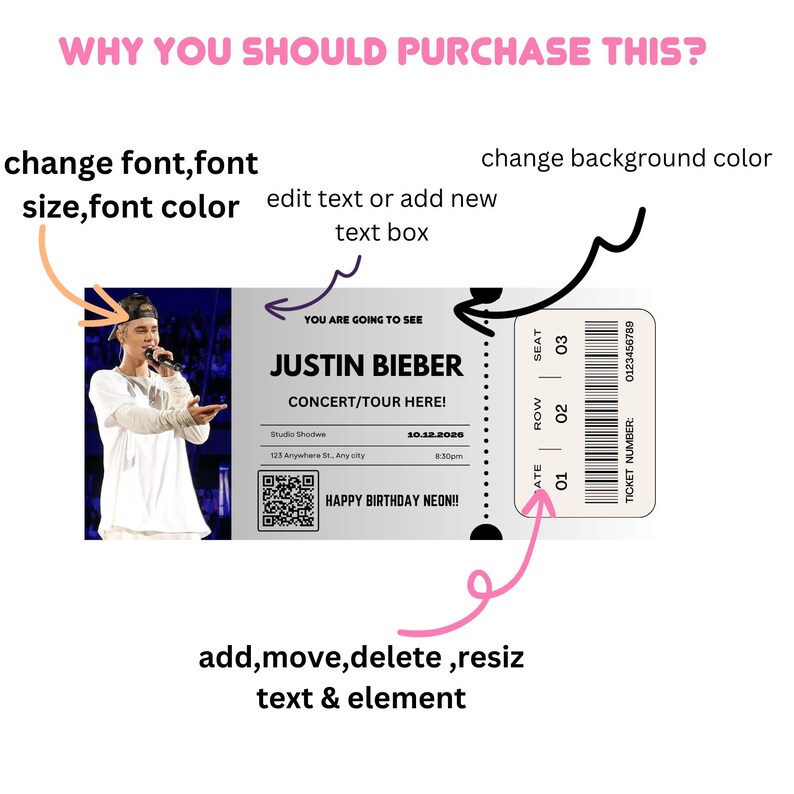 Editable Concert Ticket Template, Custom Concert Ticket Gift, DIY Event ...