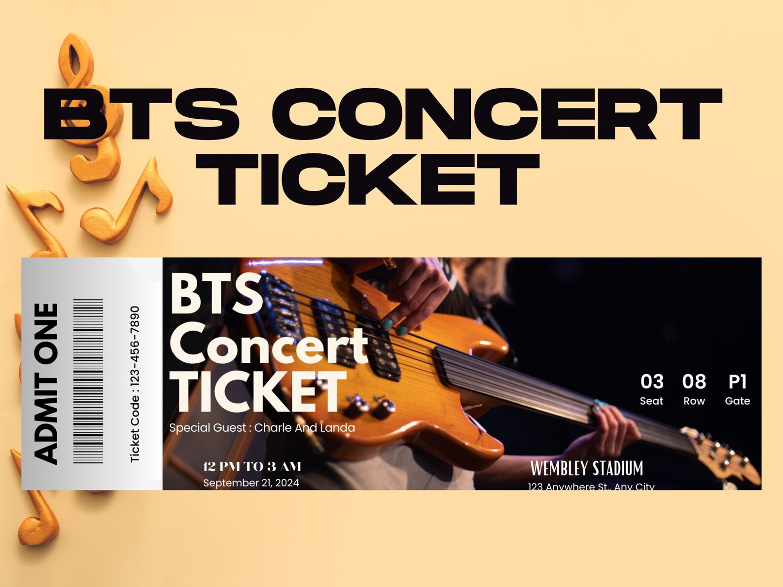 Editable Concert Ticket Template, Custom Concert Ticket Gift, Printable ...