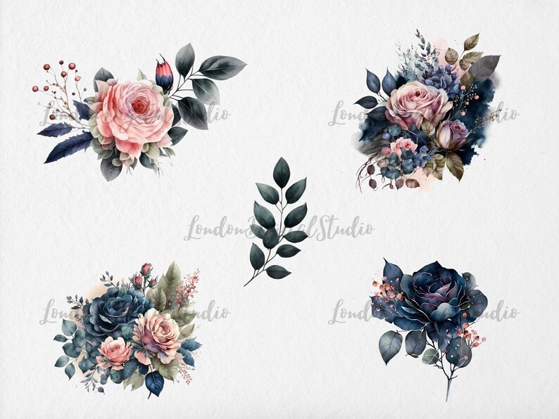 Watercolor Navy Blue & Pink Roses Clipart Floral Clipart Bouquets Rose ...