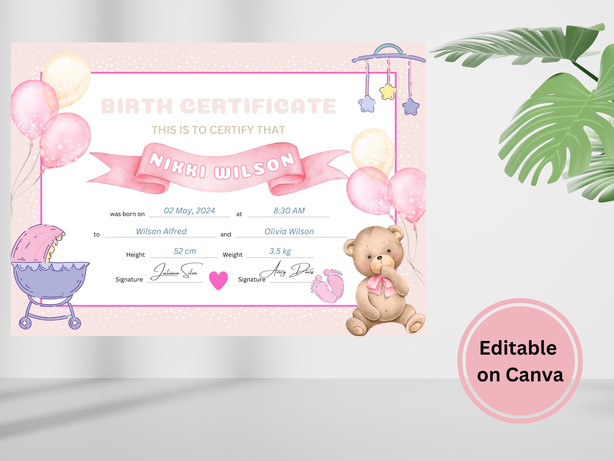 Printable Birth Certificate Girl Birth Certificate With Editable ...