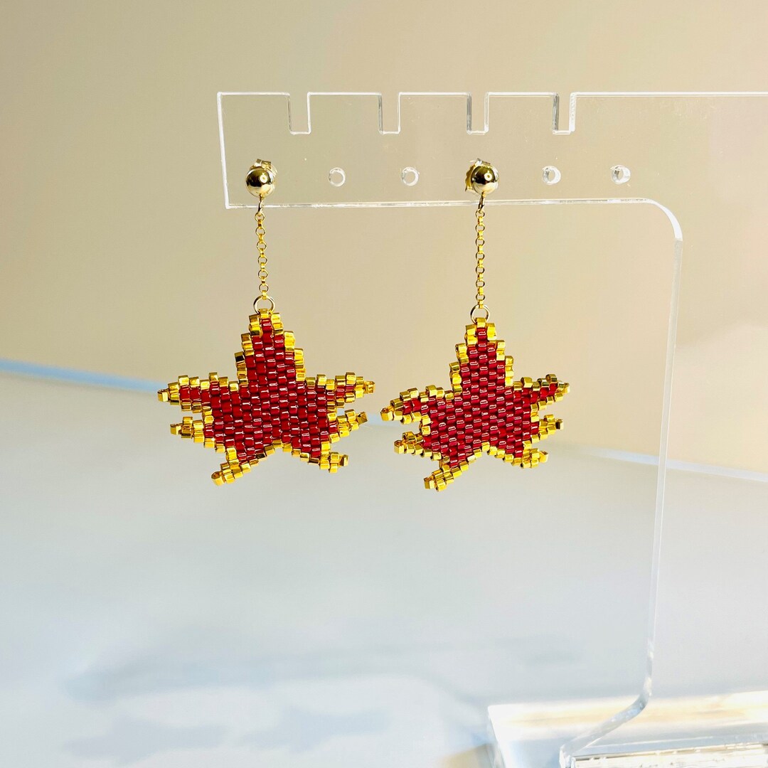 Handmade Weaved Beaded Maple Leaf Earrings Gold Filled 14K - Etsy