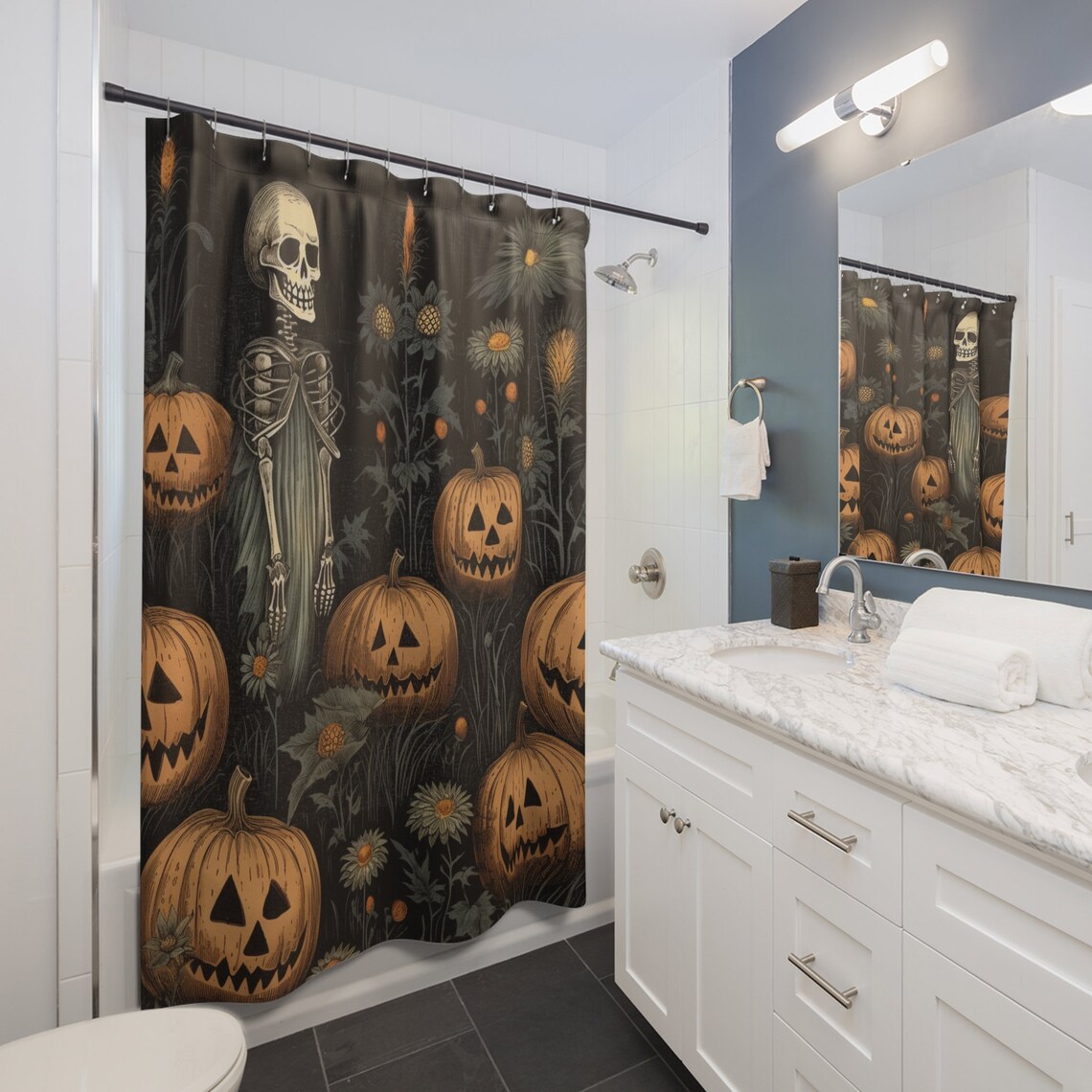 Spooky Skeleton Pumpkin Patch Shower Curtain - Halloween Bathroom Deco ...