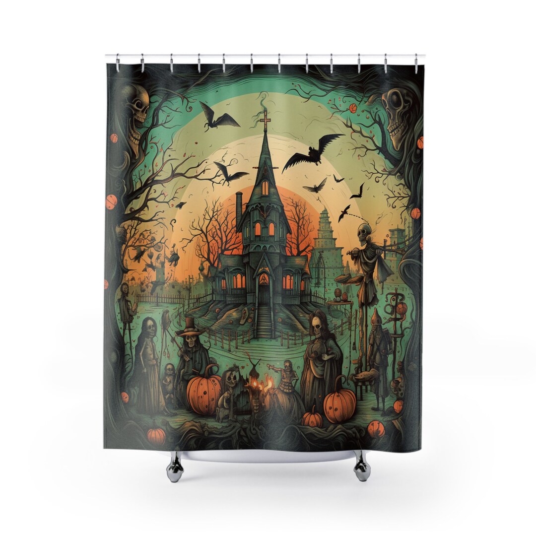 Creepy Sunset Skeleton Shower Curtain - Gothic Pastel Bathroom Decor ...