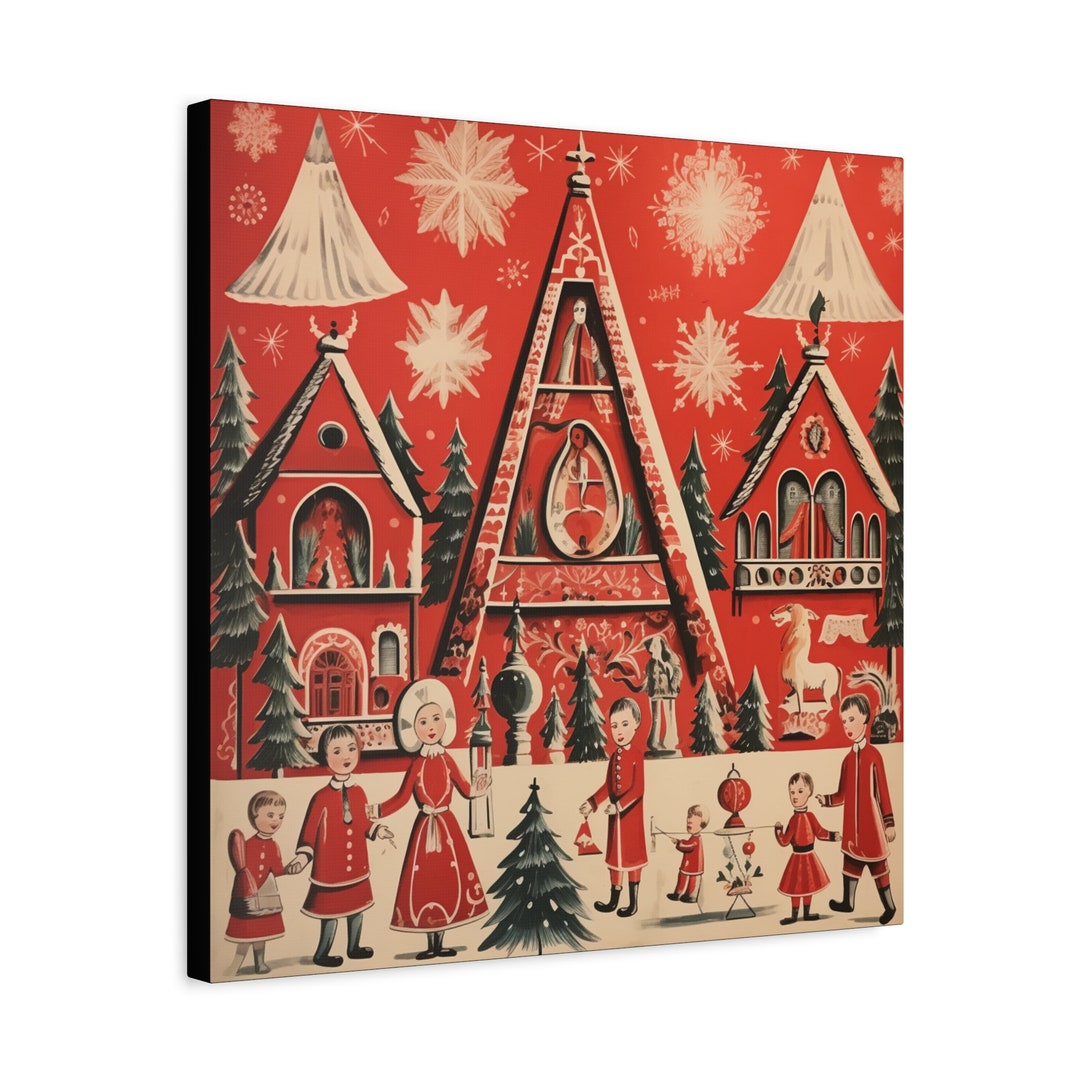 Kitschy Vintage Christmas Canvas - Scandi Style Red Artwork - 5 Sizes ...