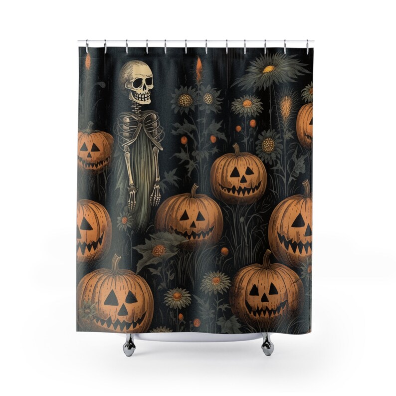 Spooky Skeleton Pumpkin Patch Shower Curtain - Halloween Bathroom Deco ...