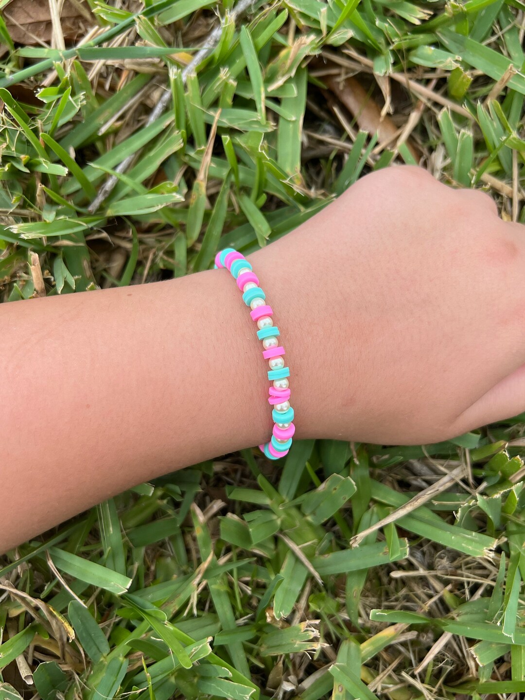 Preppy Clay Bead Bracelet Cotton Candy Pink Light Teal/blue Beaded ...