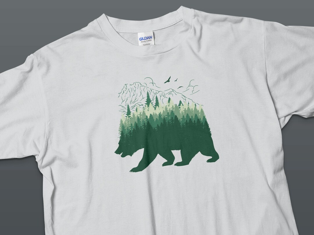 Nature-inspired Bear T-shirt, Mountain Forest Landscape, Green Tones ...