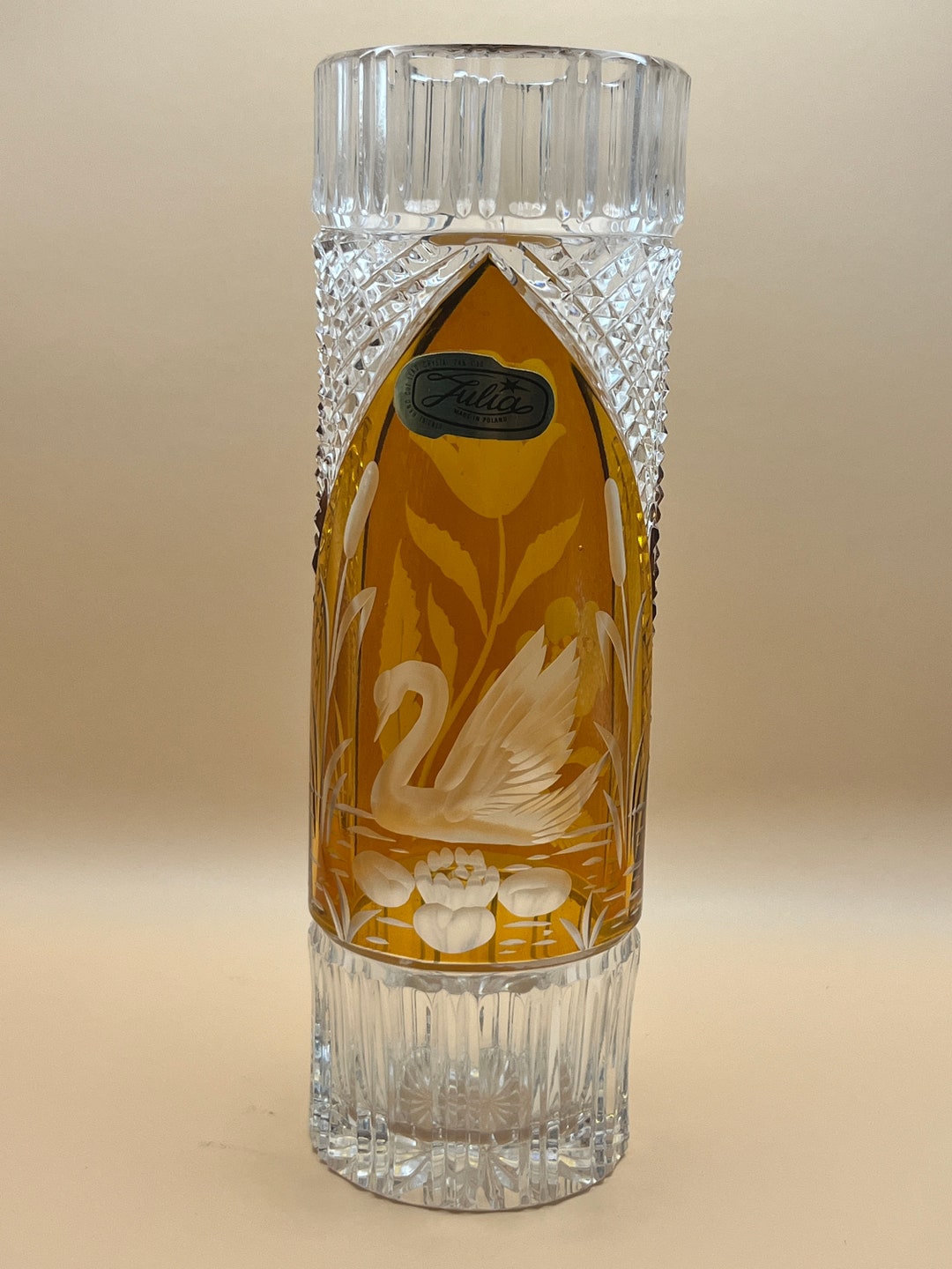 JULIA Crystal Cut Glass Vase Golden Swan/ Flowers Etched 10 Vintage - Etsy