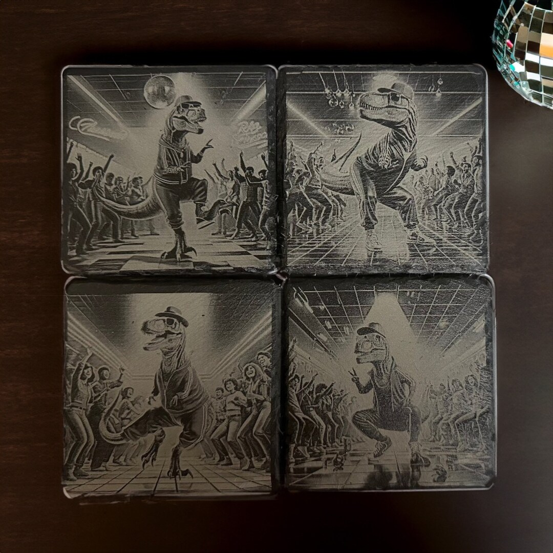 T-rex Dancing Slate Coasters 4pk. Party Favor, House Warming Gift ...