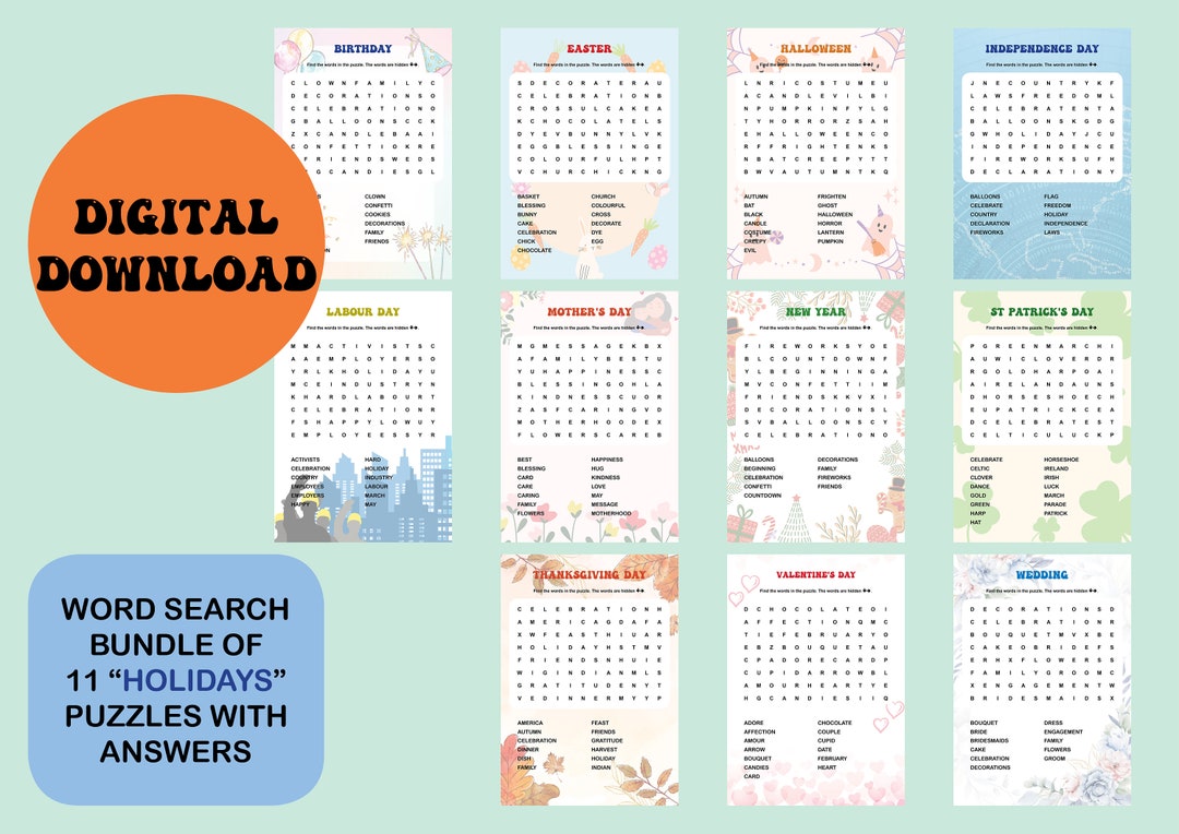 Educational Word Search Puzzle Bundle for Children: DIFFERENT HOLIDAYS ...