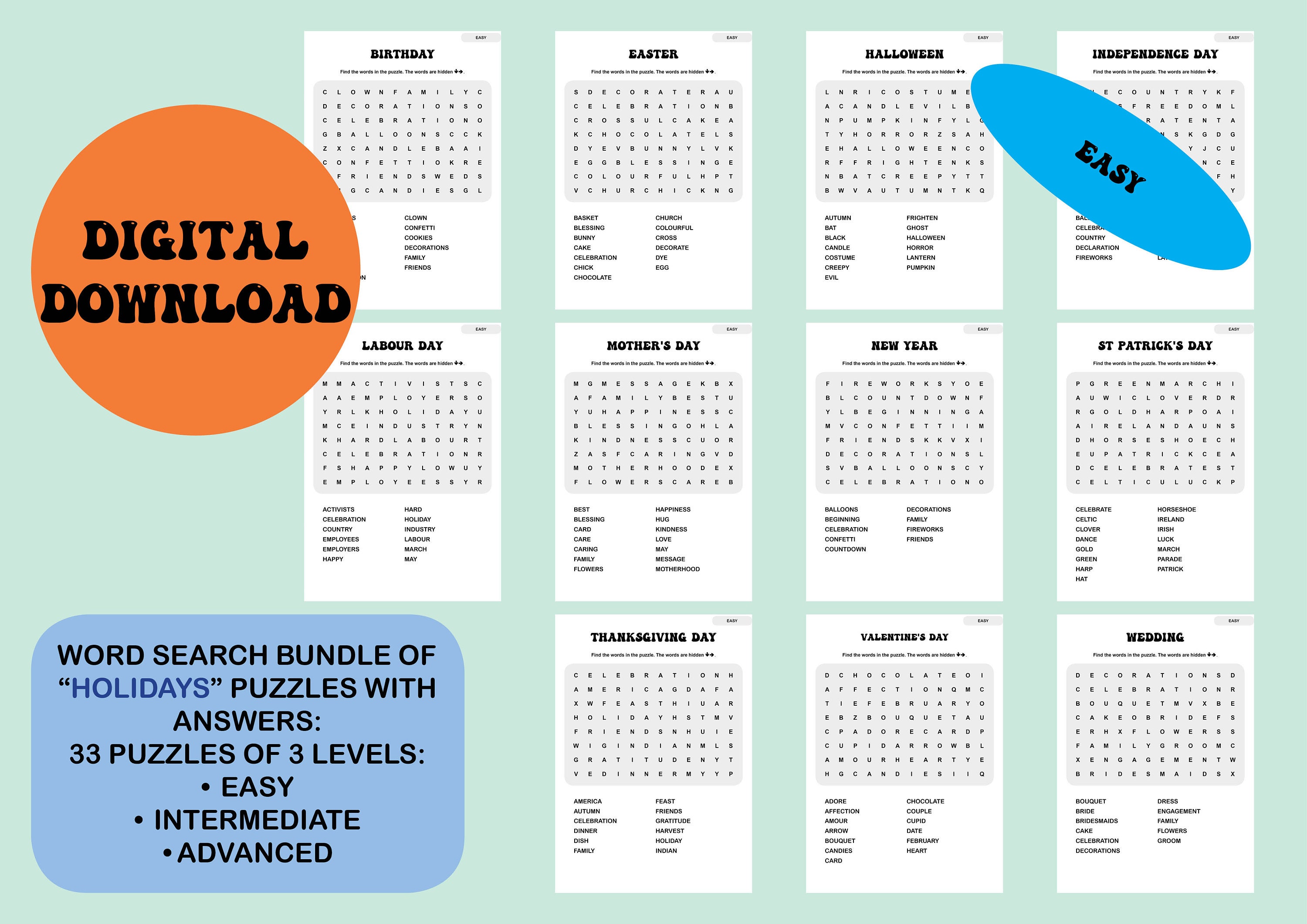Educational Word Search Puzzle Bundle for Children: HOLIDAYS (easy ...