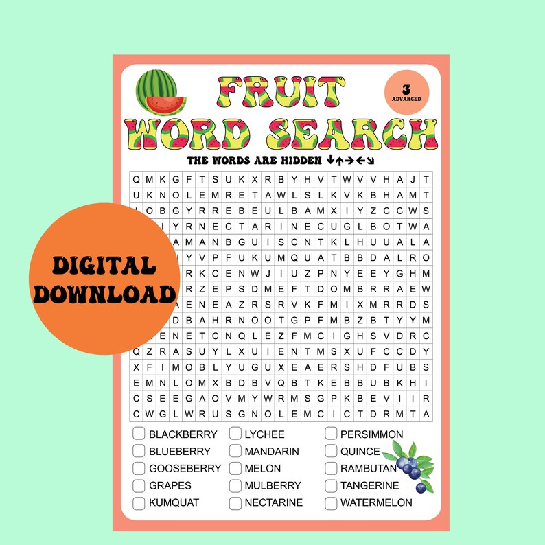 FRUIT Wordsearch, Fun for Kids, Activity for Children, Word Search ...