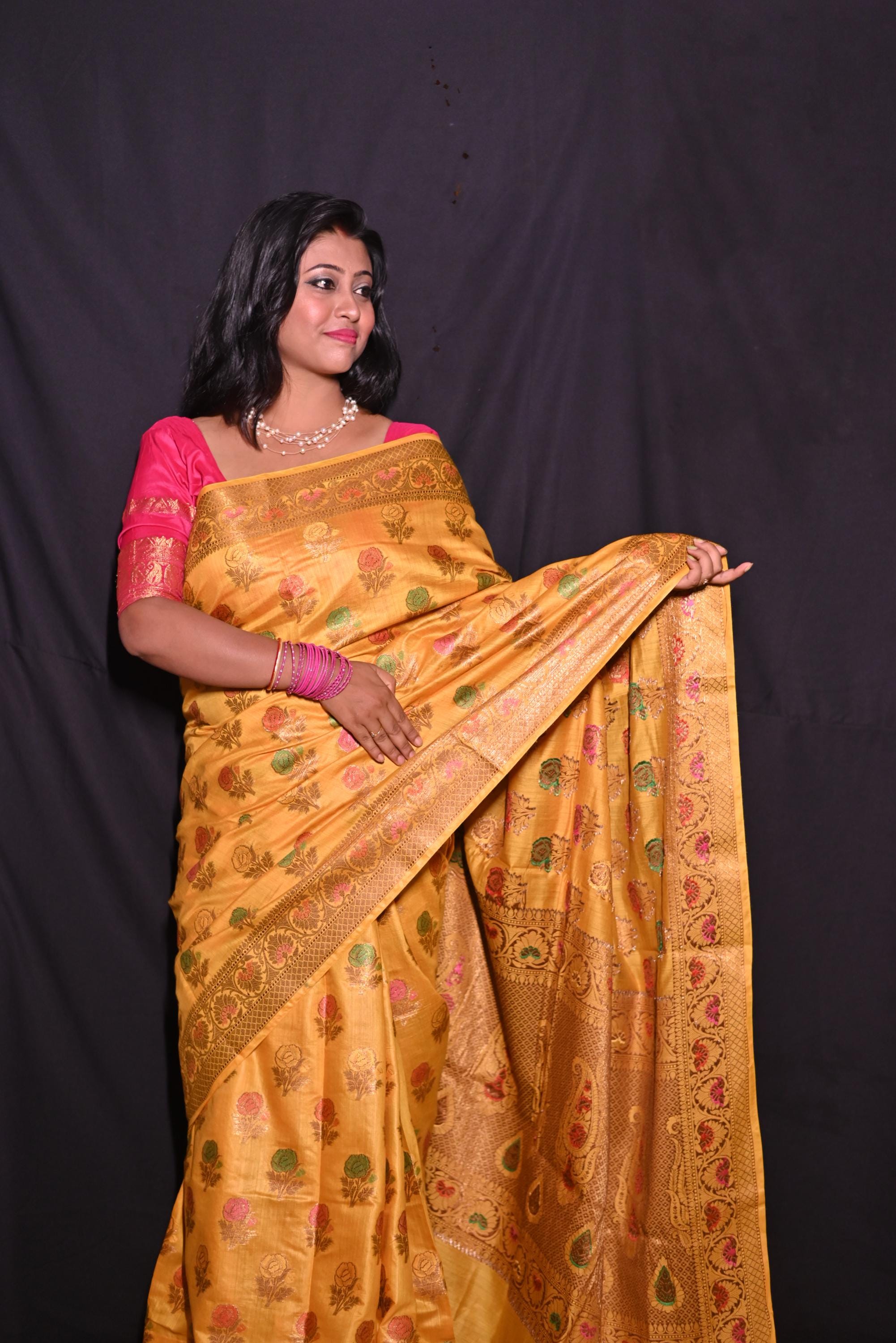 Silk Mark Certified Yellow Muga Tussar Saree From Bishnupur With Blouse Piece/3-ply Silk - Etsy