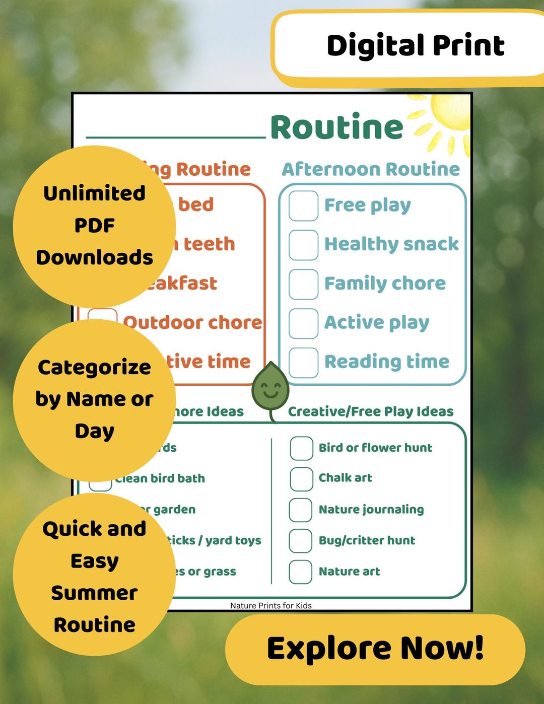 Chore Chart Template for Kids Summer Routine Custom Printable Routine ...