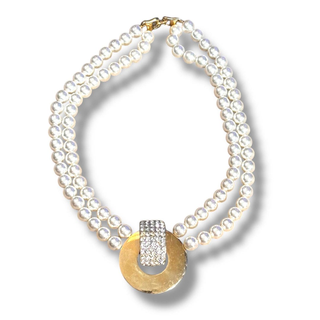 80s Double Strand Faux Pearl Necklace Gold Circle Rhinestone Pendant ...