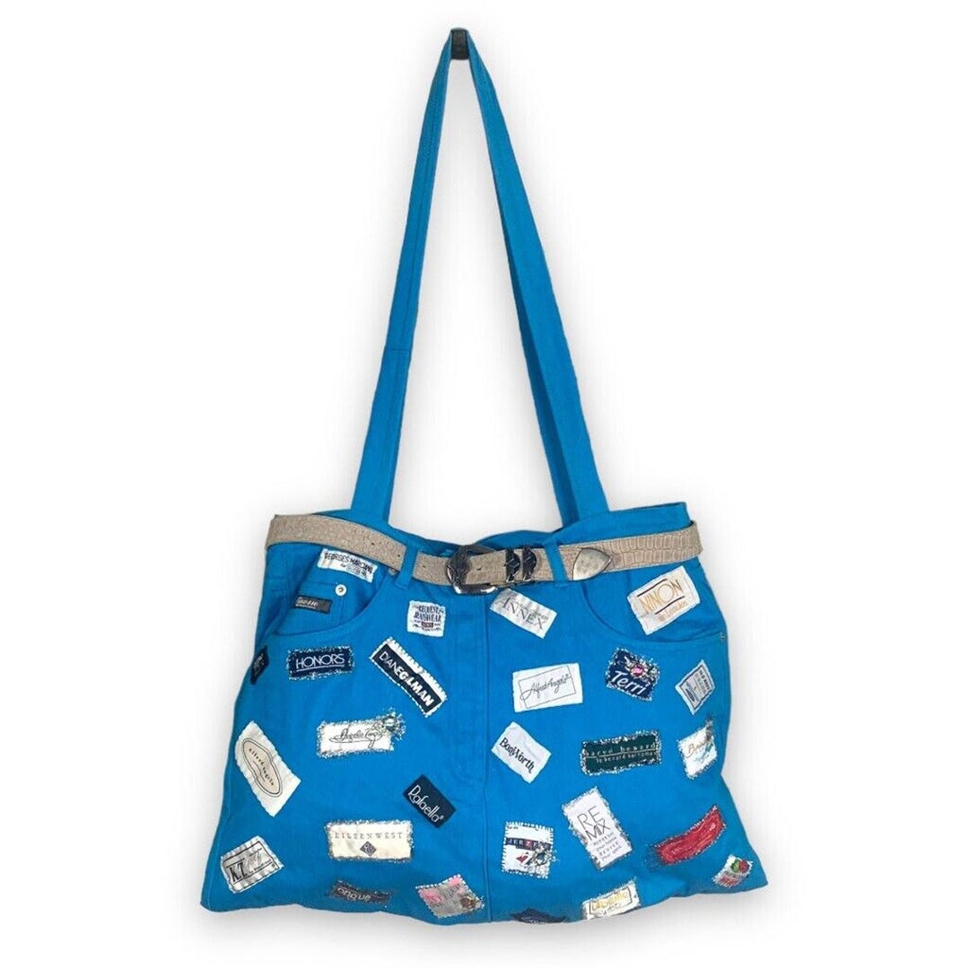 Upcycled Denim Tote Bag: Vintage Brand Labels, Snakeskin Belt - Etsy
