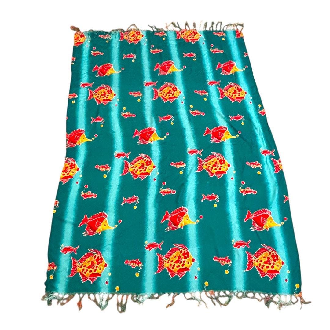 Teal Tropical Fish Sarong Wrap: Fringe Beach Cover up Scarf, Boho ...