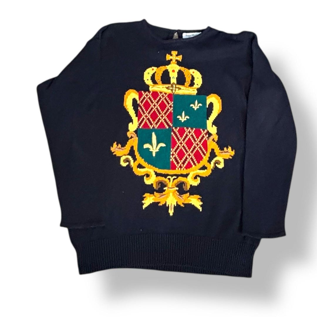 Marisa Christina Crown Crest Sweater 80s 90s Navy Blue Regal Coat of ...