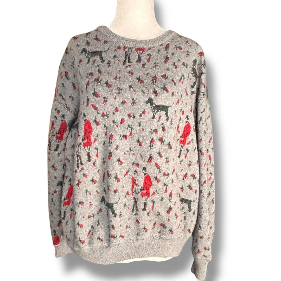 Vintage 80s Grey Knit Sweater, Equestrian Hunting Scene - Etsy