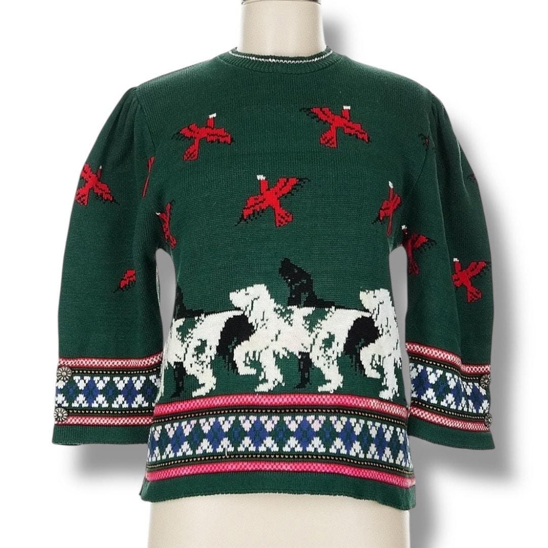 Vintage Knit Sweater, Green Hunting Dog & Bird Fair Isle, Made in USA ...