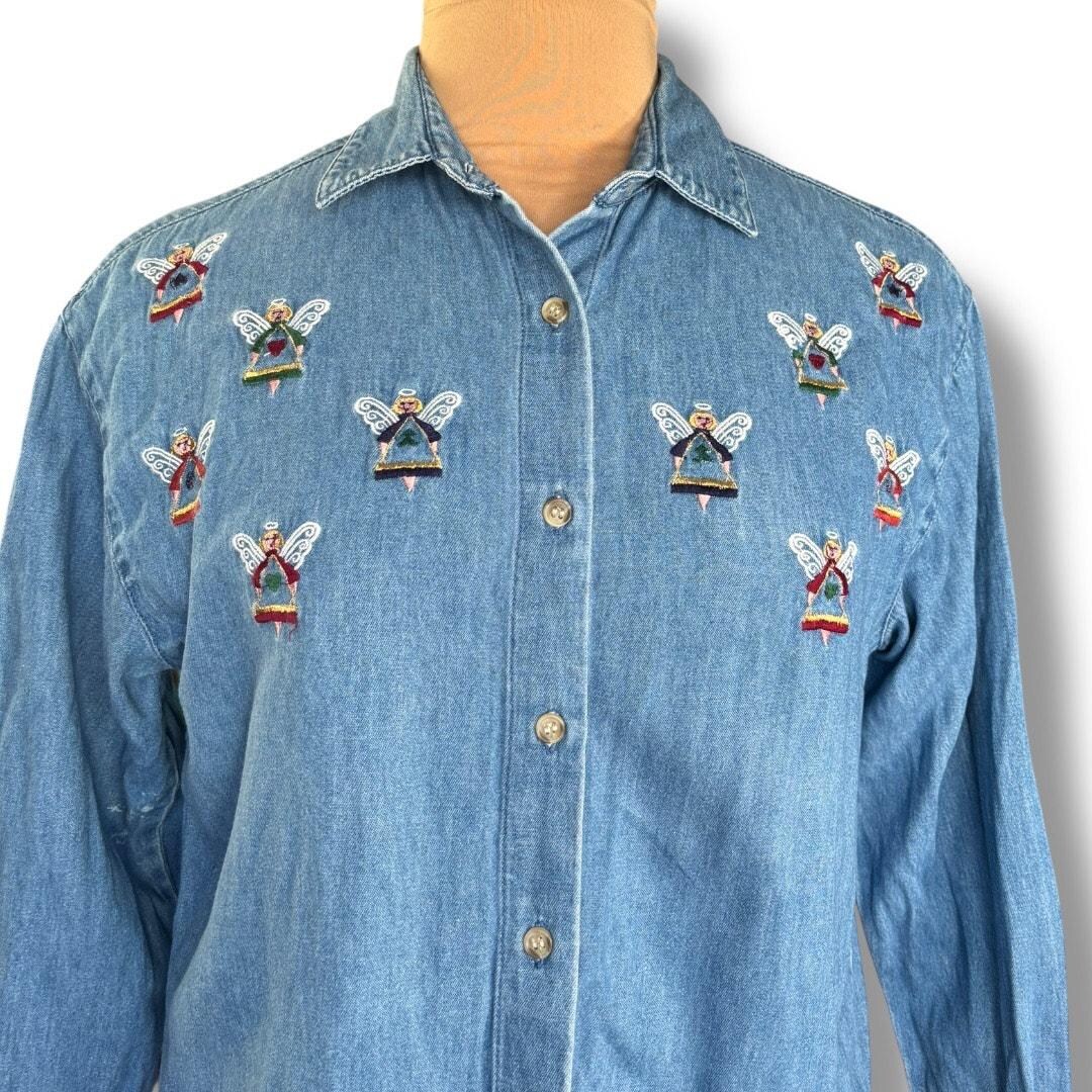 90s Denim Angel Shirt: Maggie & Max Embroidered Folk Art, Medium - Etsy