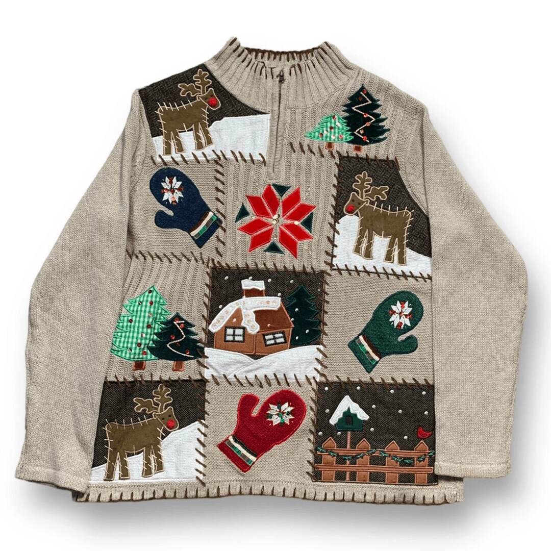Patchwork Christmas Quarter Zip Sweater, Reindeer Cabin Appliqué, Plus ...