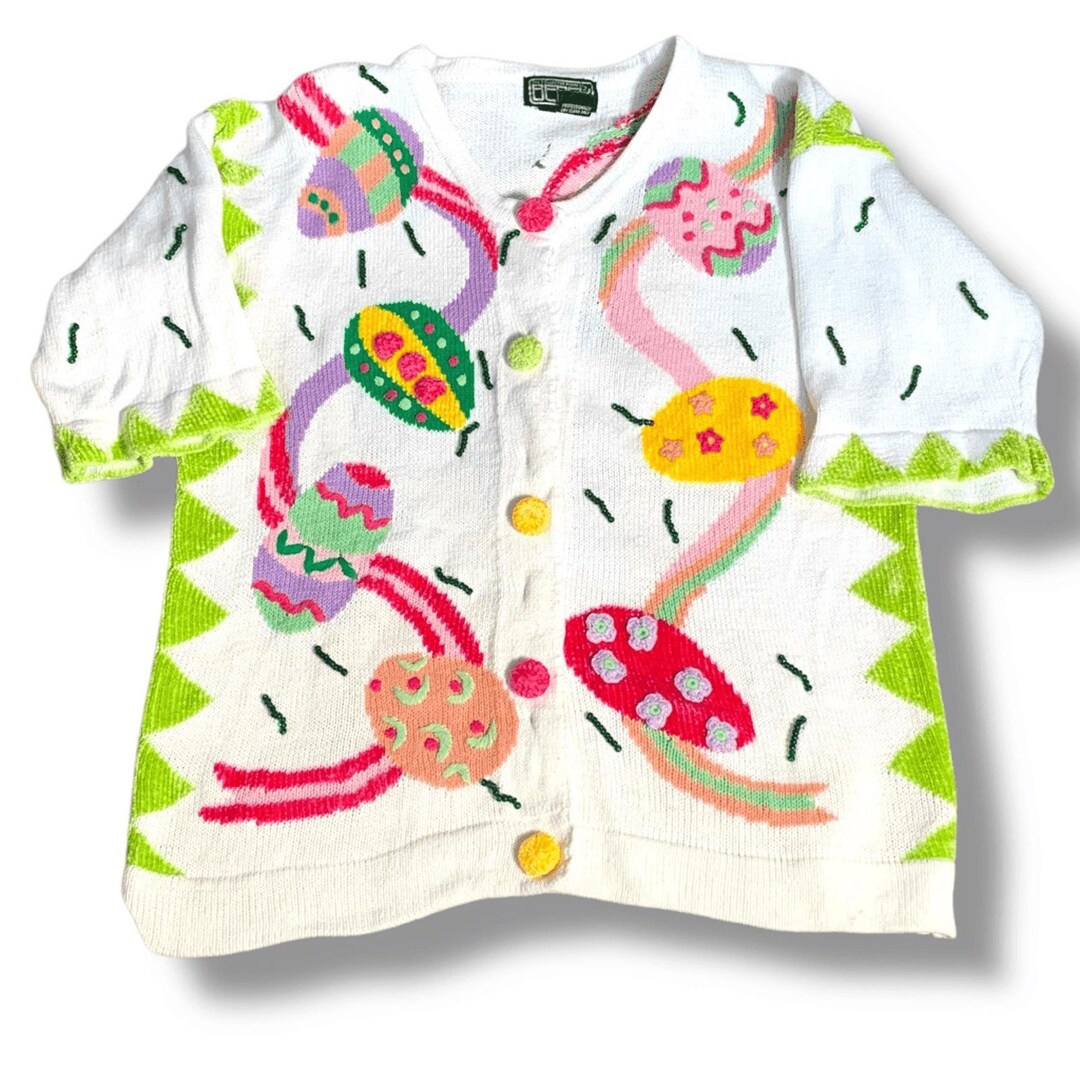 90s Berek Easter Egg Knit Cardigan - Novelty Pastel Sweater, Size Small ...