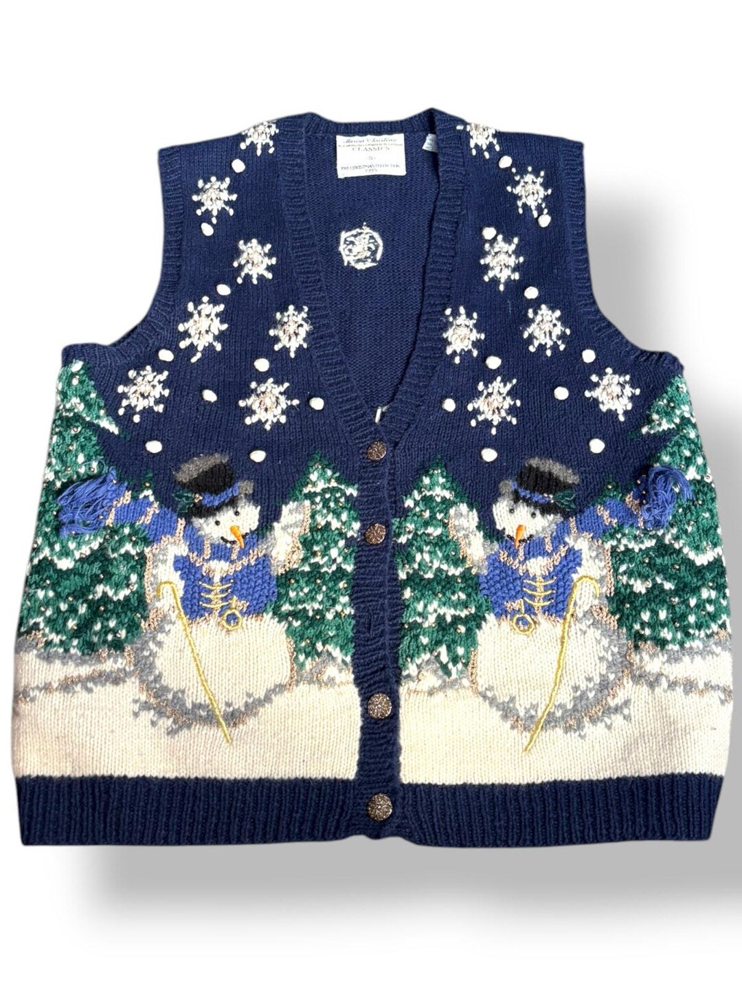 1995 Marisa Christina Snowman Sweater Vest Oversized Small Navy Holiday ...