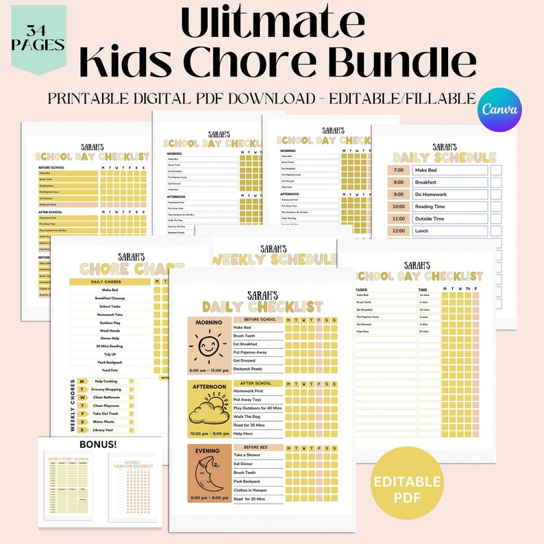 Editable Kids Chore Charts, Behavior Chart, Rewards, Daily Checklist ...