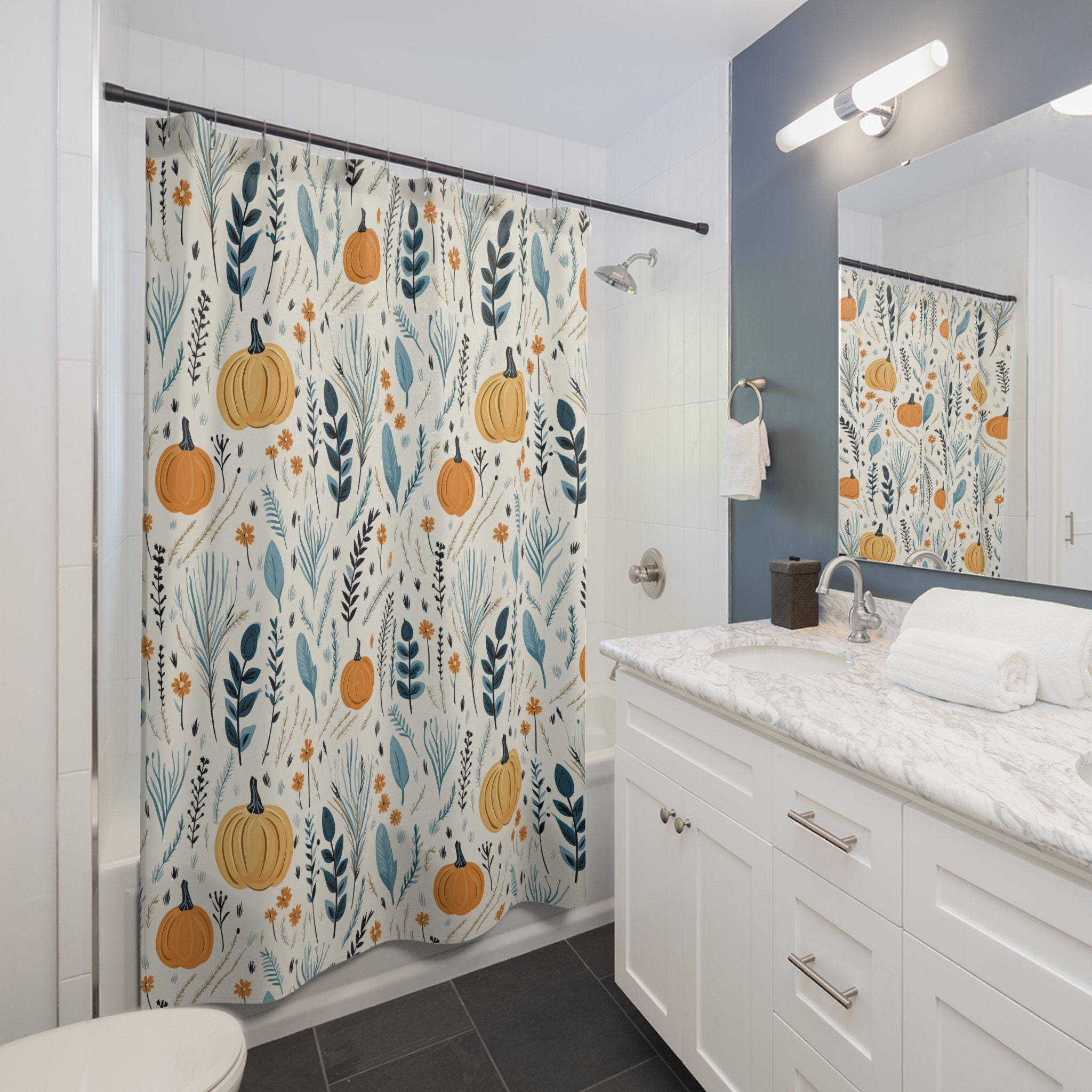 Blue Boho Farmhouse Fall Shower Curtain | Halloween Aesthetic Autumn ...