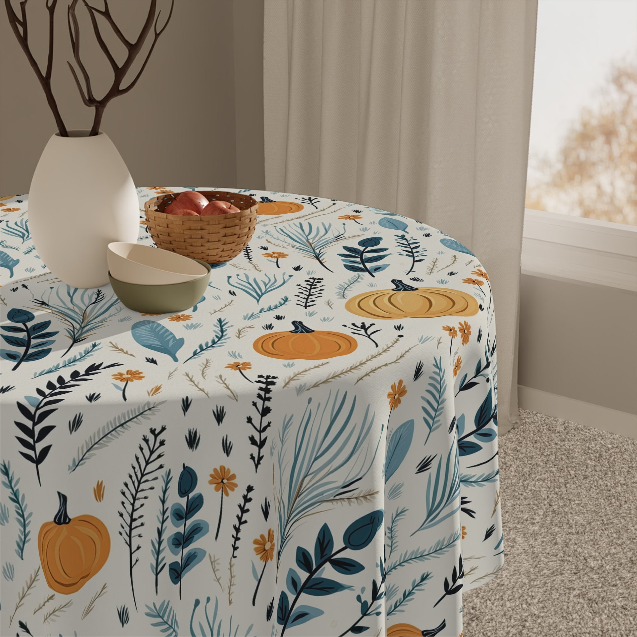 Blue Autumn and Fall Tablecloth - Farmhouse Boho Rustic Minimalist ...