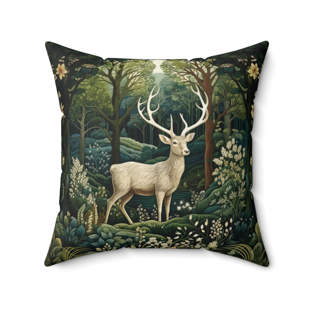 White Stag Pillow | William Morris Inspired Throw | Cottagecore, Deer ...