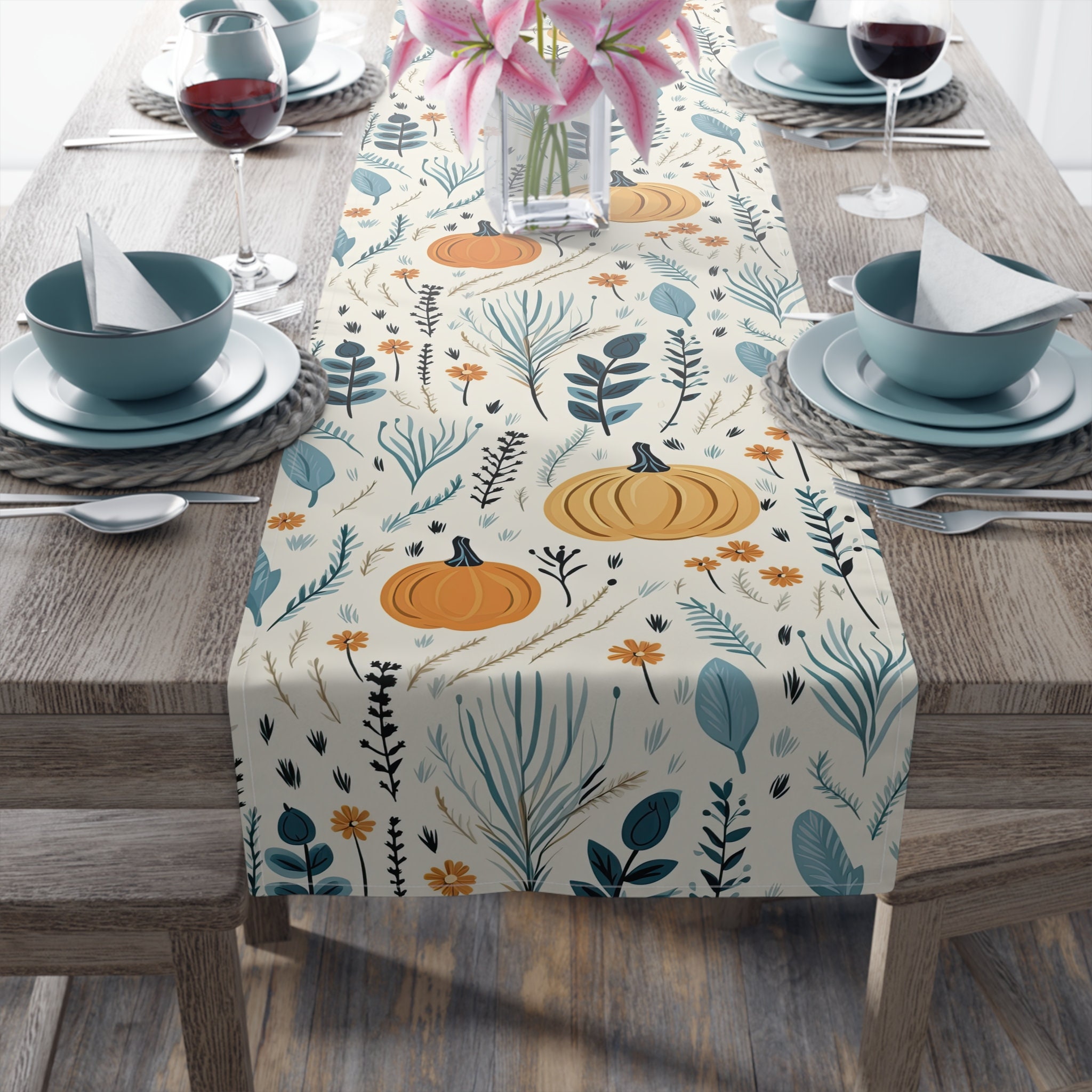Blue Autumn Fall Pumpkin Table Runner - Halloween Farmhouse Boho Rustic ...