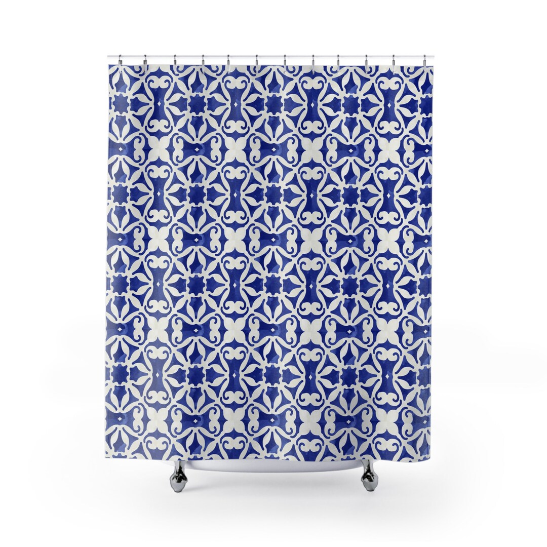 Blue White Mediterranean Tile Shower Curtain Vintage - Etsy