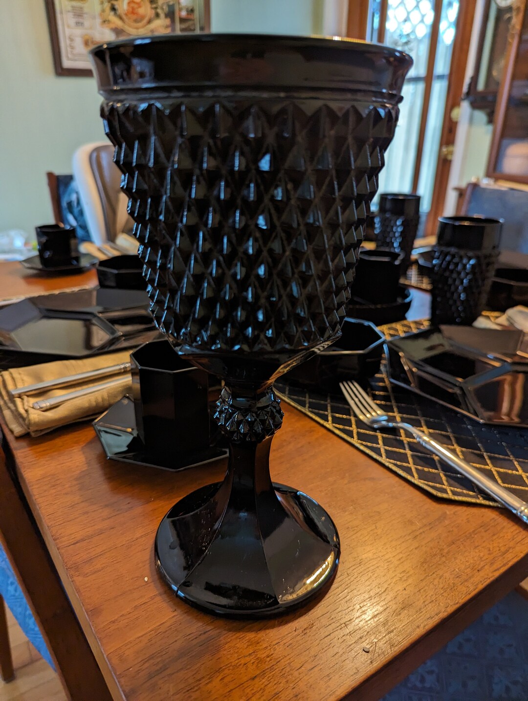 Vintage Indiana Glass Black Tiara Diamond Point Pedestal Candy Dish, No ...